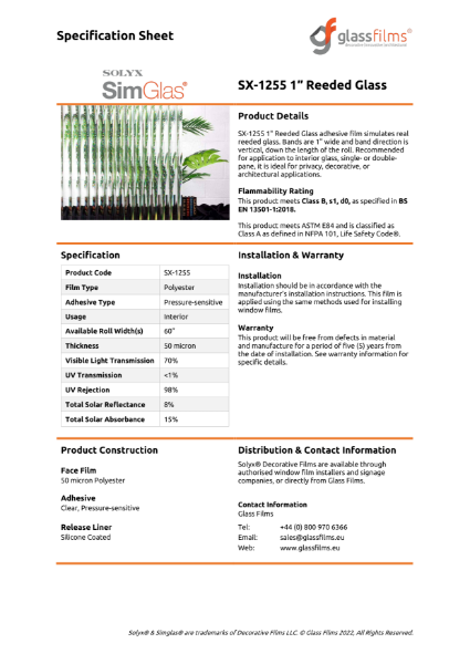 SX-1255 1" Reeded Glass Specification Sheet | NBS Source