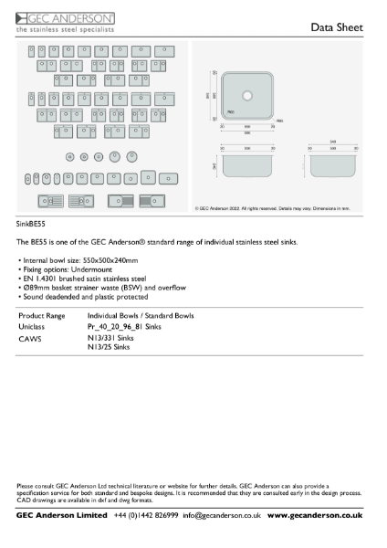 GEC Anderson Data Sheet - Sink Bowl: BE55 | Anderson, GEC Ltd | NBS Source GEC Anderson Data Sheet - Sink Bowl: BE55 | Anderson, GEC Ltd | NBS Source