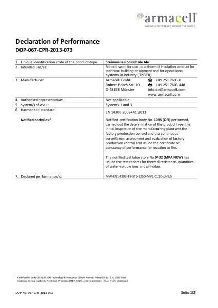 Declaration of Performance Certificate | Armacell UK Ltd | NBS Source