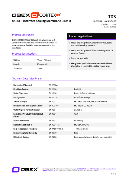 OBEX CORTEX 0560FR Self-Adhesive Interface Sealing Membrane TDS | NBS ...