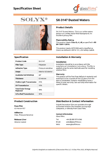 SX-3147 Dusted Waters Specification Sheet | Glass Films Europe | NBS Source