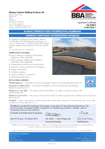 BBA (16/5361) Euroroof Mono Membrane | Alumasc Roofing | NBS Source