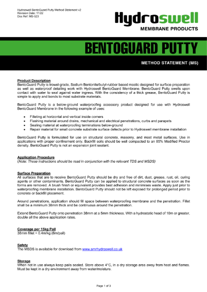 Hydroswell BentoGuard Putty Method Statement | NBS Source