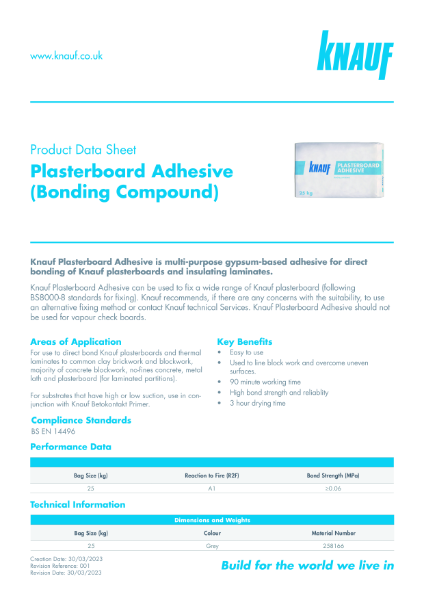 Knauf Plasterboard Adhesive Bonding Compound Product Data Sheet | NBS ...