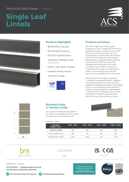 ACS Single Leaf Lintels | ACS Stainless Steel Fixings Ltd | NBS Source
