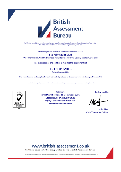 BTS ISO 9001:2015 | BTS Fabrications Limited | NBS Source