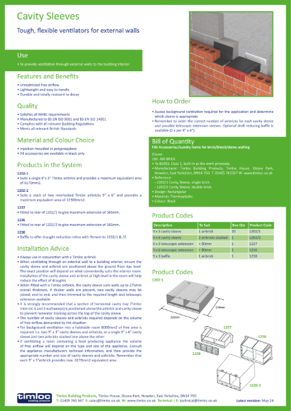 Timloc Building Products Cavity Sleeves Datasheet | NBS Source