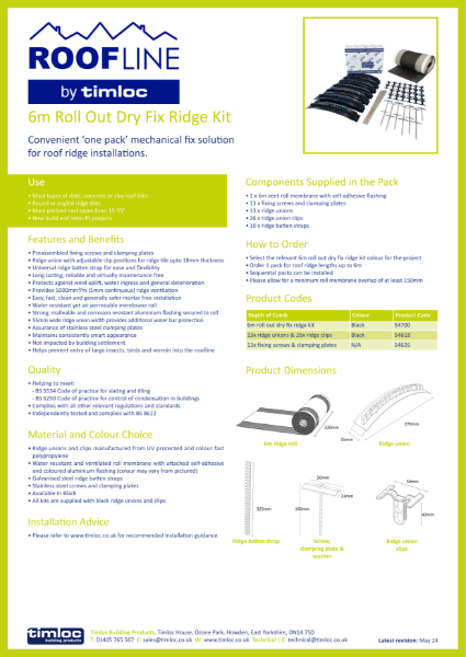 Timloc Building Products 6M Roll Out Dry Fix Ridge Kit Datasheet ...