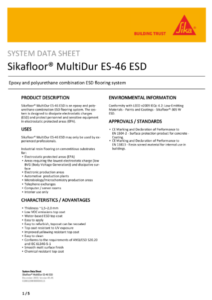 Sikafloor® MultiDur ES-46 ESD - ESD Flooring System | Sika Limited | NBS Source