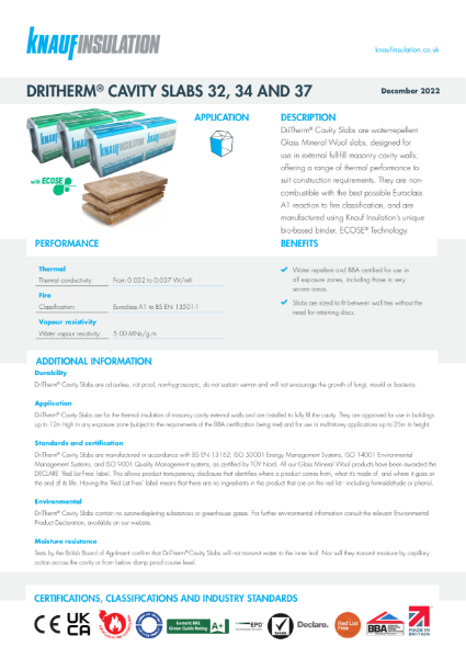Knauf Insulation DriTherm® Cavity Slabs - Product Datasheet | NBS Source