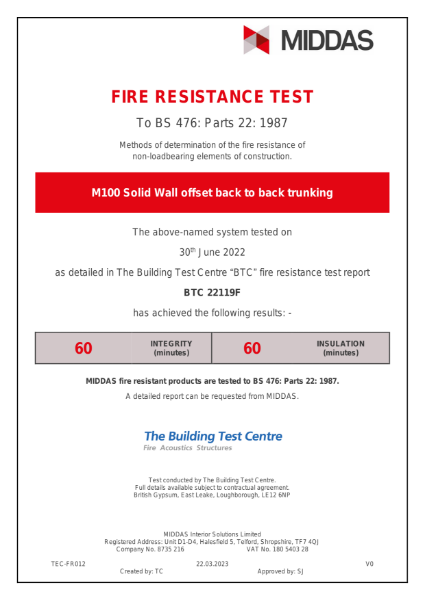 MIDDAS M100 Solid Wall offset back to back Trunking Fire Test ...
