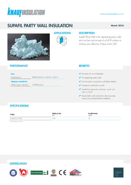 Knauf Insulation Supafil® Party Wall Insulation Data Sheet | NBS Source