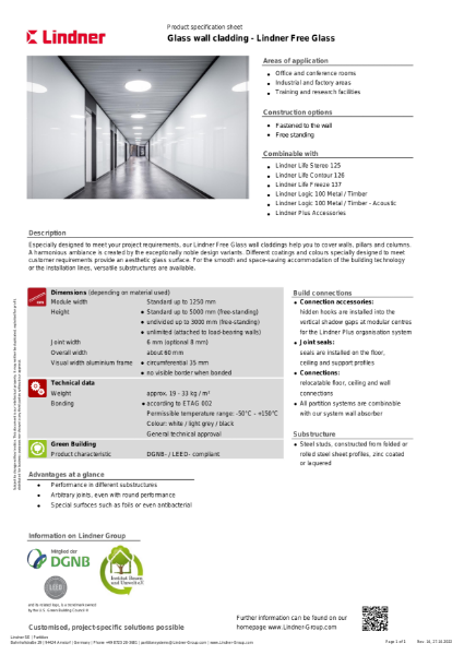 Glass wall cladding - Lindner Free Glass Datasheet | NBS Source