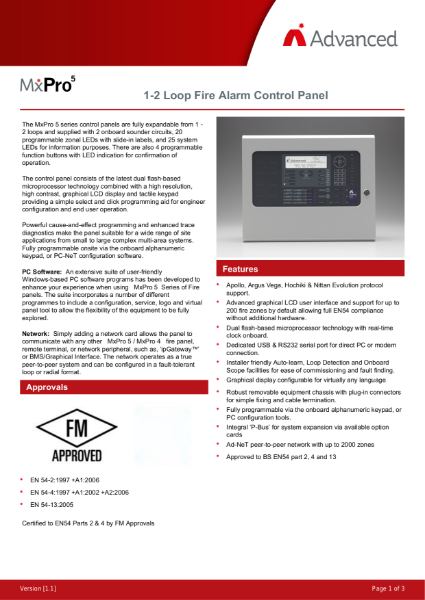 Datasheet - MxPro 5 Fire Alarm Control Panel 1-2 Loops | NBS Source