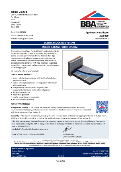 BBA Certificate - Garage Floor Systems | BEWI UK Insulation | NBS Source