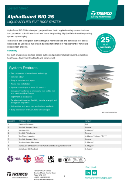 AlphaGuard BIO 25 Liquid Applied Flat Roof System | Tremco | Roofing ...