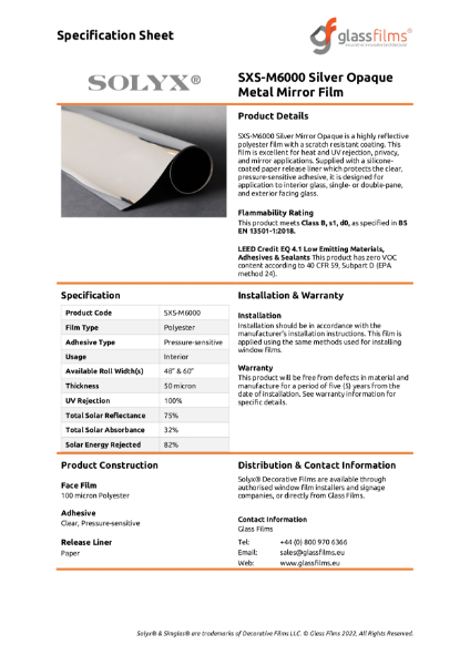 SXS-M6000 Silver Opaque Metal Mirror Specification Sheet | NBS Source