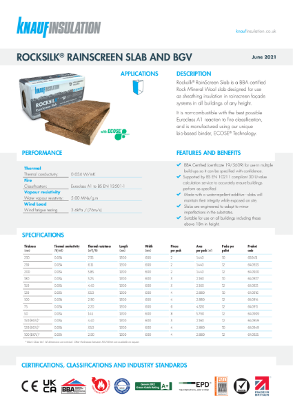 Knauf Insulation Rocksilk® RainScreen Slab Insulation Data Sheet | NBS ...
