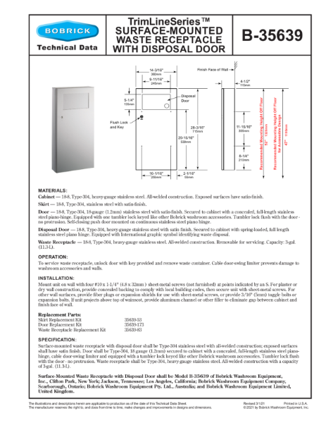 TrimLine - Surface-Mounted Waste Receptacle with Disposal Door B-35639 | Bobrick Washroom ...