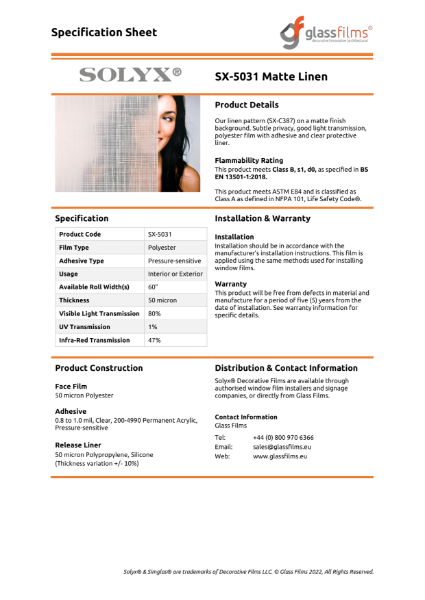 SX-5031 Matte Linen Specification Sheet | NBS Source