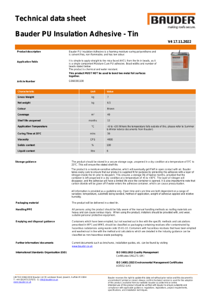 Bauder PU Insulation Adhesive - Tin | Bauder Ltd | NBS Source