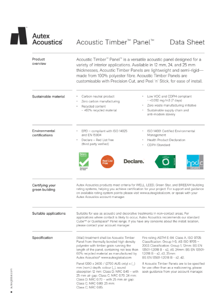 Acoustic Timber Panel Datasheet | Autex Acoustics Ltd | NBS Source