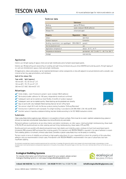 Tescon Vana Technical Datasheet | NBS Source