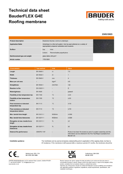 BauderFLEX G4E Roofing membrane - Technical Data Sheet | NBS Source