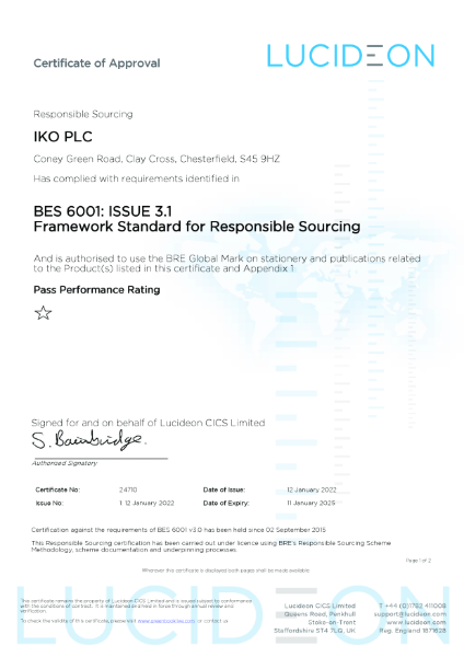 IKO PLC BES 6001 Site Certificate - Clay Cross | IKO UK | NBS Source