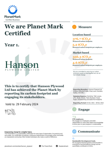 Planet Mark Certification | Hanson Plywood Ltd | NBS Source