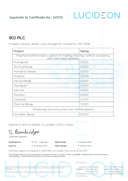 IKO PLC BES 6001 Site Certificate - Grangemill | IKO UK | NBS Source