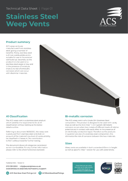 Non-combustible Weep Vent | ACS Stainless Steel Fixings Ltd | NBS Source