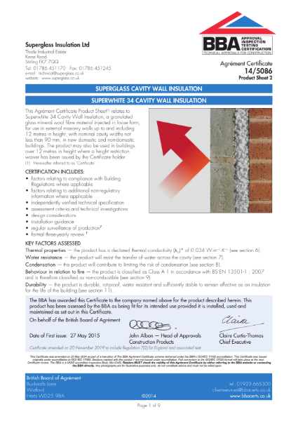 SUPERWHITE 34 CAVITY WALL INSULATION CERTIFICATE 14/5086 | Superglass ...