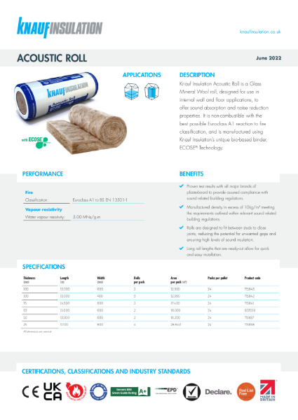 Knauf Insulation Acoustic Roll - Product Datasheet | NBS Source
