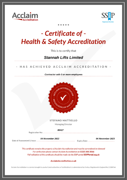 Certificate of Health & Safety Accreditation | Stannah Lifts | NBS Source