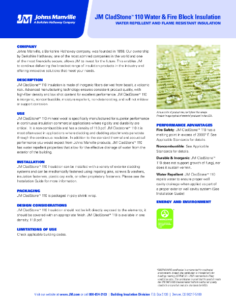 JM CladStone 110 Water & Fire Block Data Sheet | NBS Source