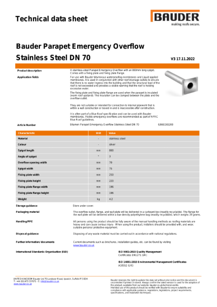 Bauder Parapet Emergency Overflow Stainless Steel DN 70 - Technical Data Sheet | NBS Source