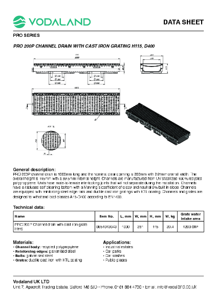 PRO 200P Channel drain H115, D400 Data Sheet | Vodaland | NBS Source