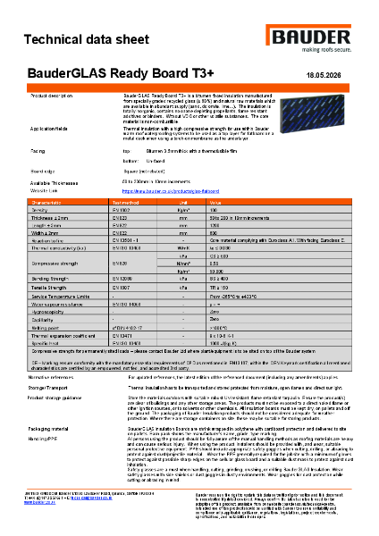 BauderGLAS Ready Board T3+ - Technical Data Sheet | Bauder Ltd | NBS Source