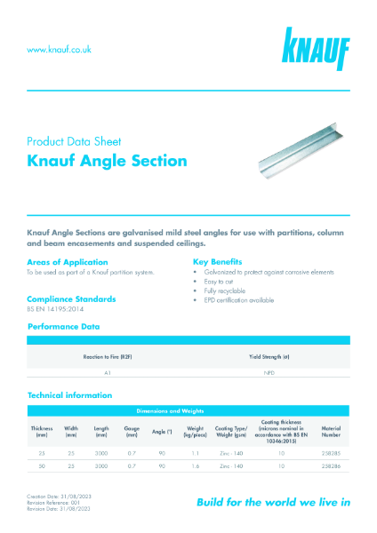 Knauf Angle Section Data Sheet | Knauf UK | NBS Source