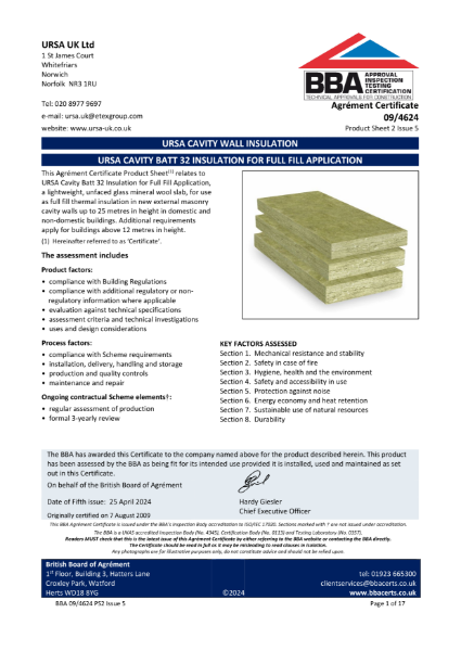 URSA CAVITY BATT 32 for use as full and partial fill cavity wall ...