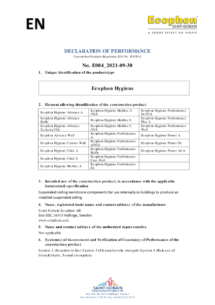 Hygiene - Declaration of Performance | Saint-Gobain Ecophon | NBS Source