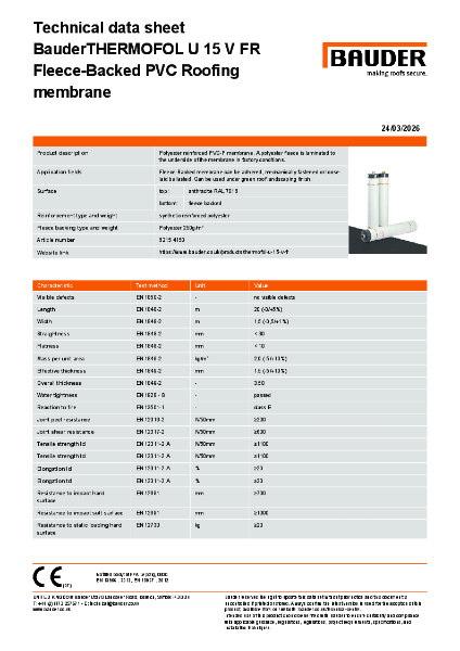 BauderTHERMOFOL U 15 V FR Fleece-Backed PVC Roofing membrane ...