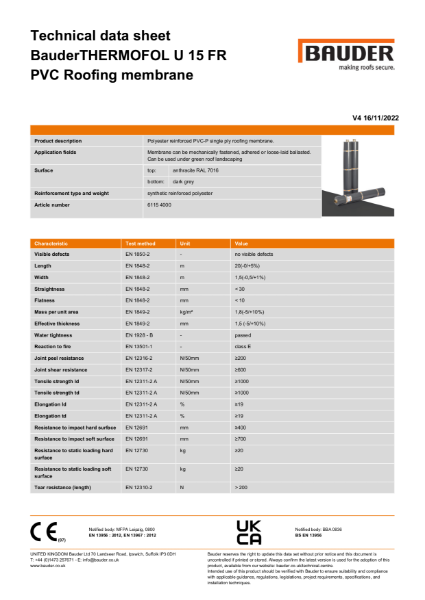 BauderTHERMOFOL U 15 FR PVC Roofing membrane (Anthracite) | NBS Source