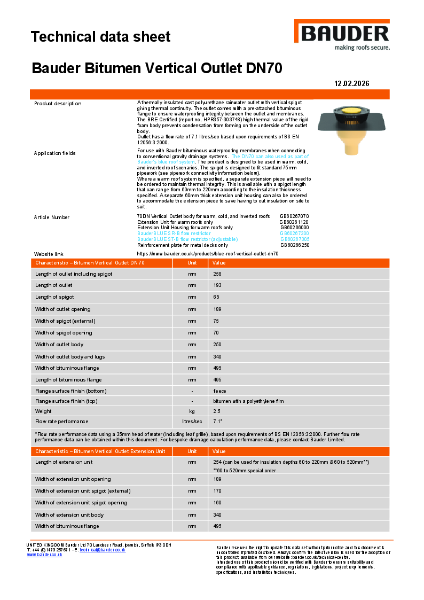 Bauder Bitumen Vertical Outlet DN70 - Technical Data Sheet | Bauder Ltd ...