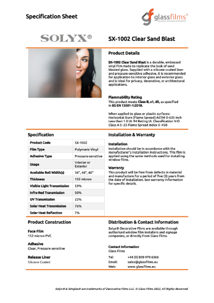 SX-1002 Clear Sandblast Specification Sheet | NBS Source