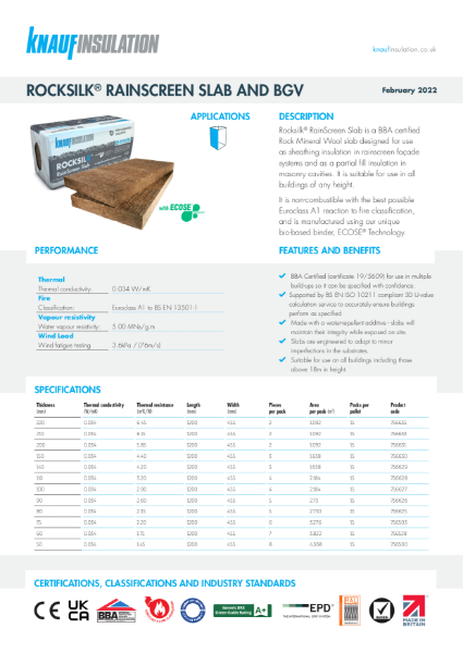 Knauf Insulation Rocksilk® RainScreen Slab - Product Datasheet | NBS Source
