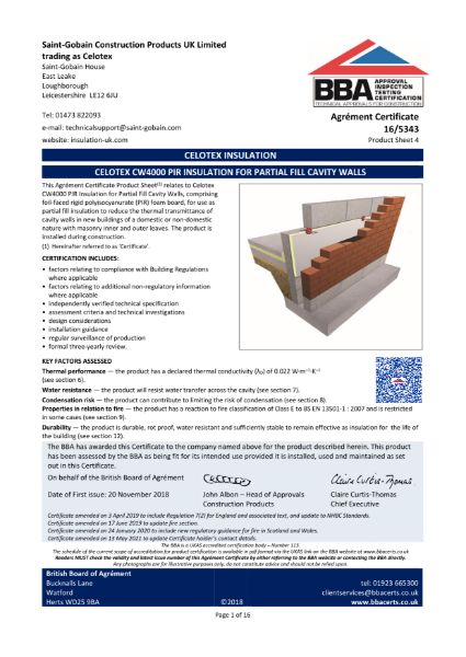 CW4000 Partial Fill BBA Certificate | Celotex | NBS Source