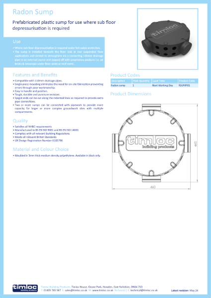 Timloc Building Products Radon Sump Datasheet | NBS Source