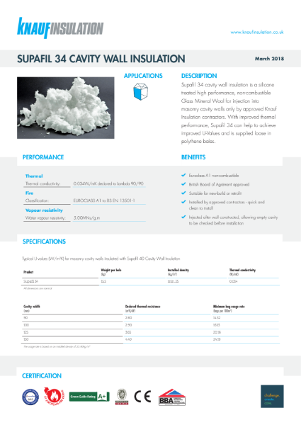 Knauf Insulation Supafil® 34 Cavity Wall Insulation Data Sheet | NBS Source
